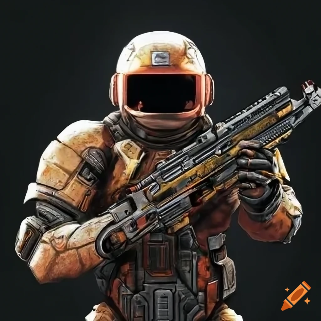 Quake 2 astronaut in heavy space suit with silver blaster rifle on Craiyon