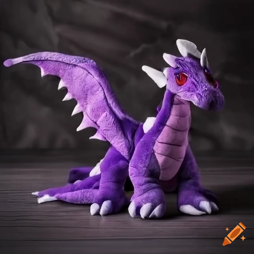 Plush toy of a blackish-purple dragon with intricate wings and red eyes ...