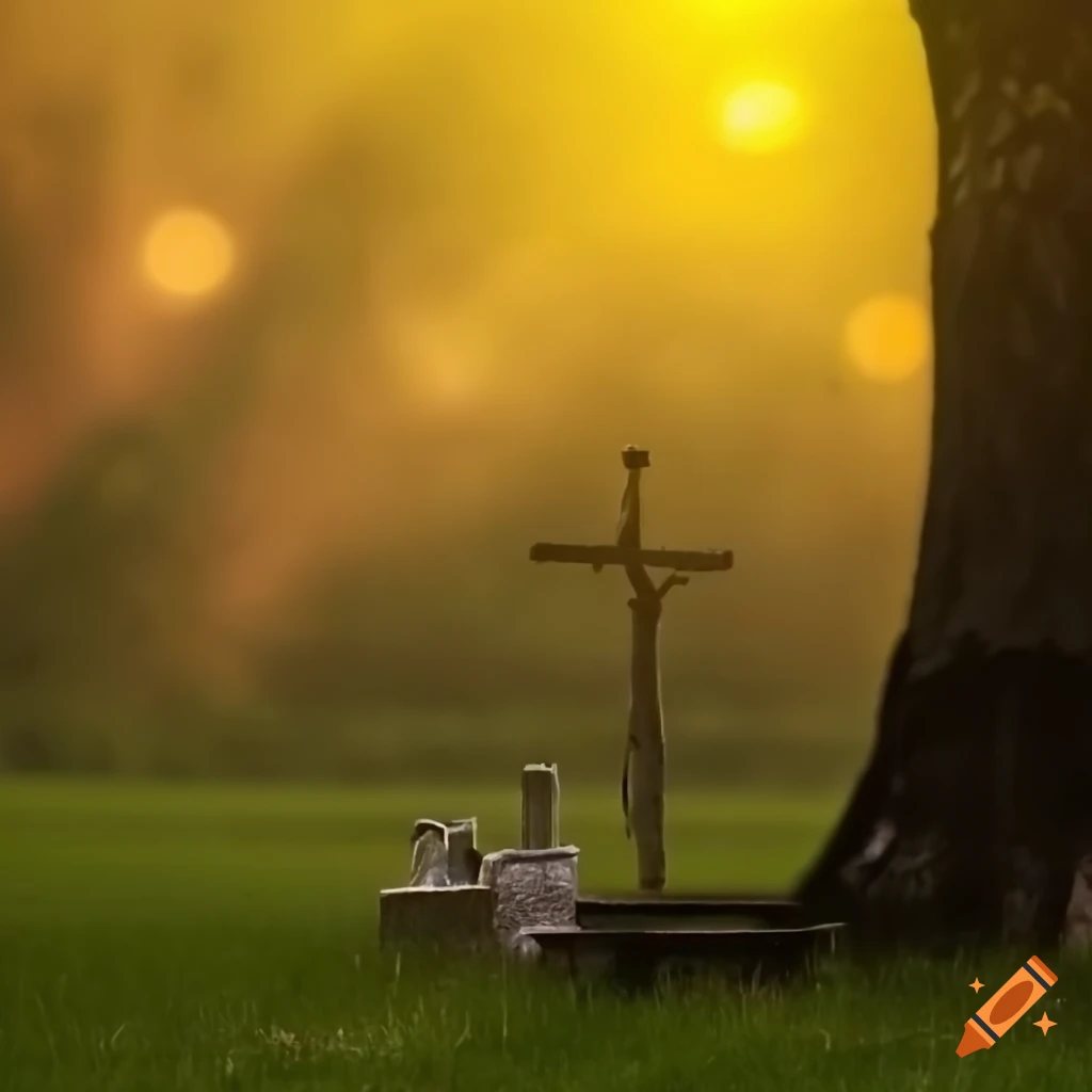 Tree and tombstone illuminated by yellow light in a field on Craiyon