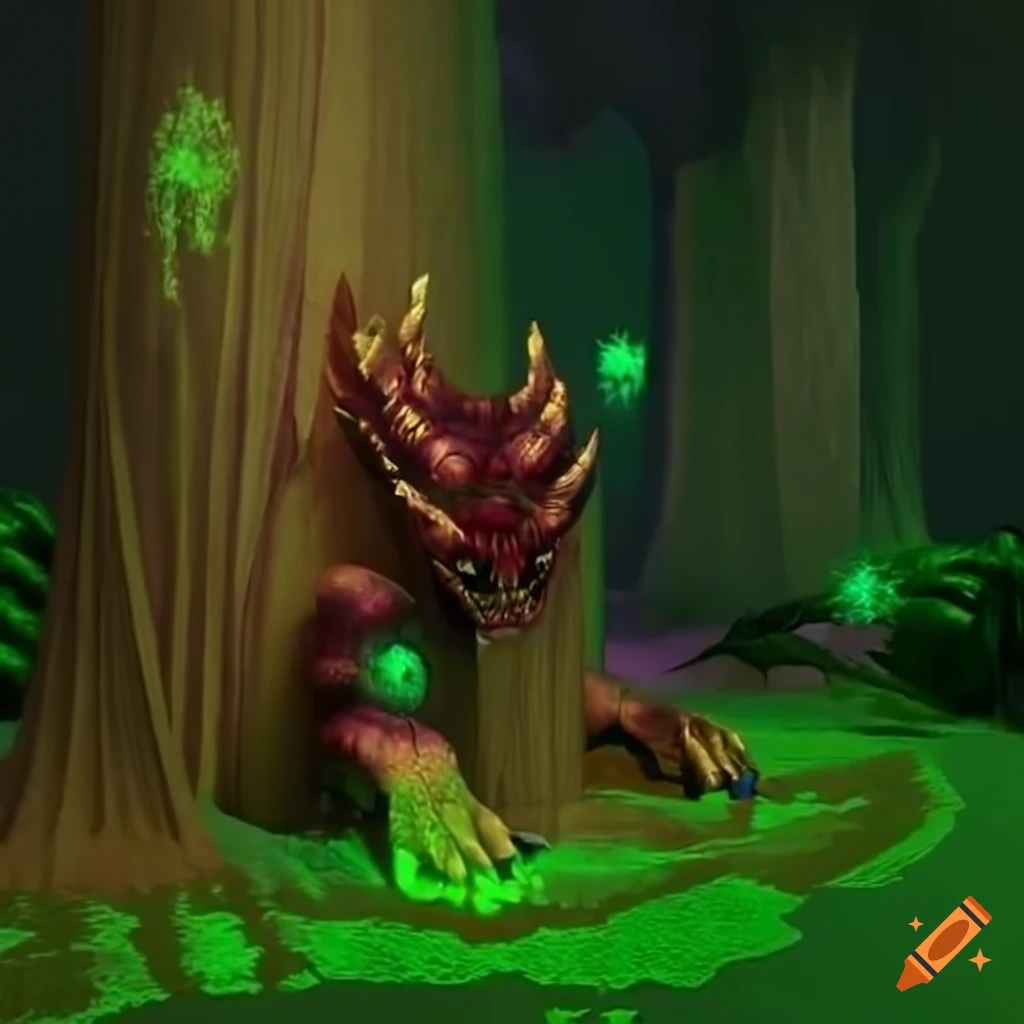 3D-rendered scene with a prominent monster in an enchanted forest on ...