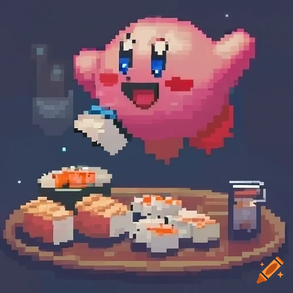 Pixelart oil painting portrait of kirby making sushi in space on Craiyon