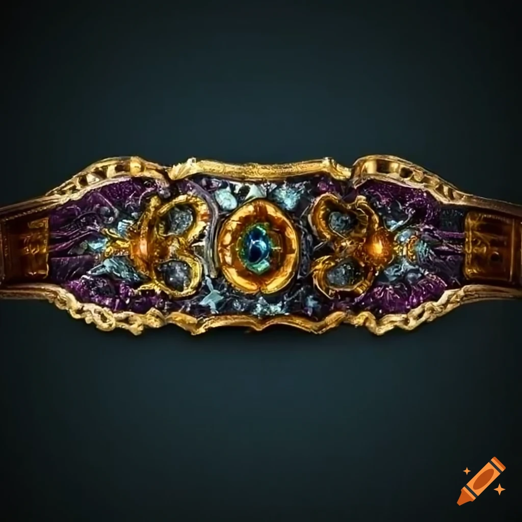 Adorned magic shiny war belt from the front view on Craiyon