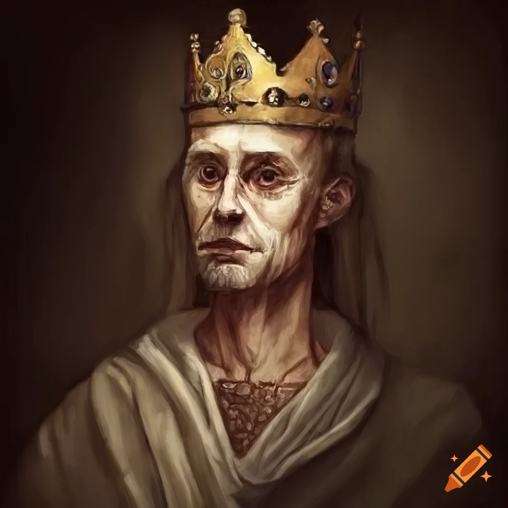 Medieval regal portrait of a wise and weary king with a crown on Craiyon