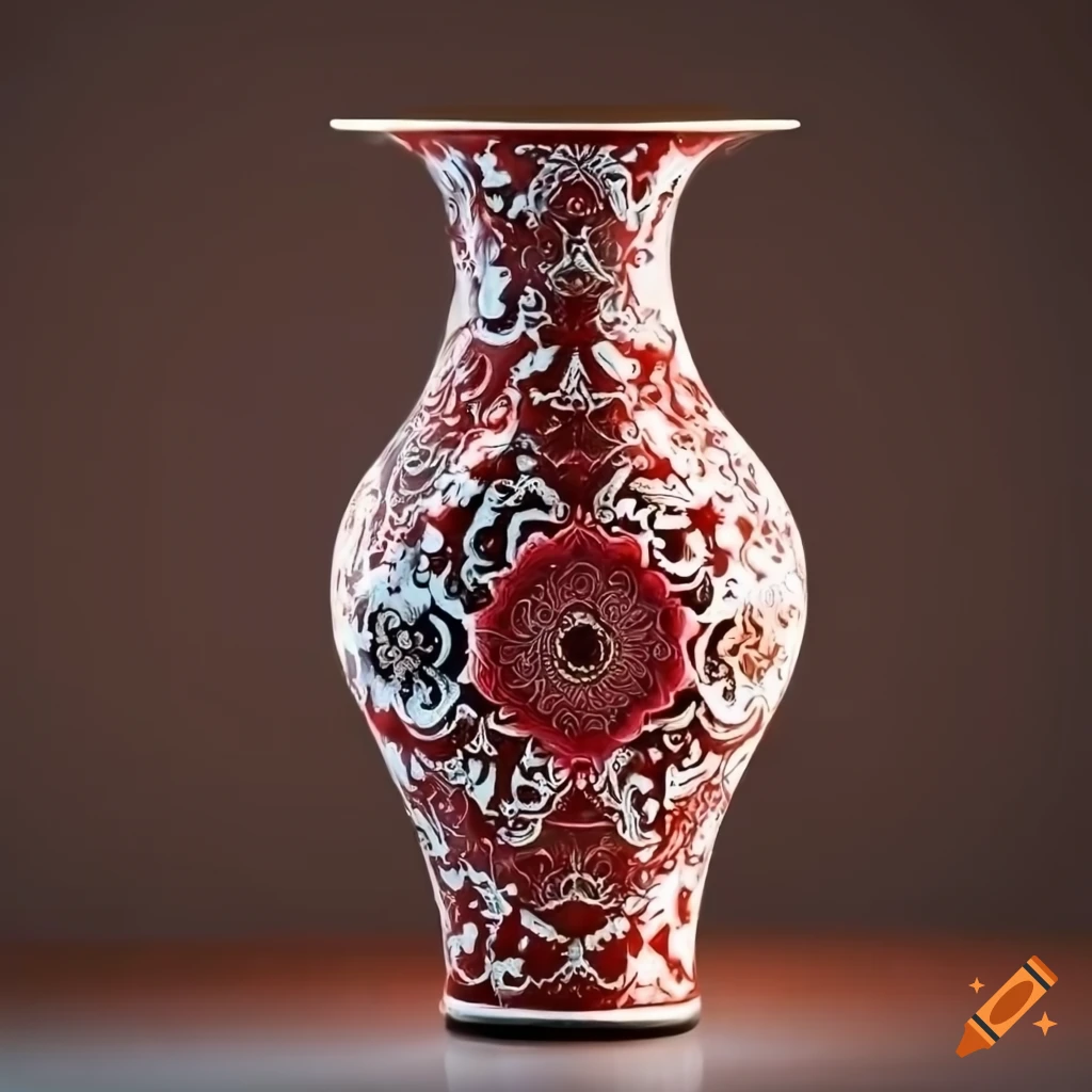Chinese vase with intricate mandala patterns in red, black, and white ...