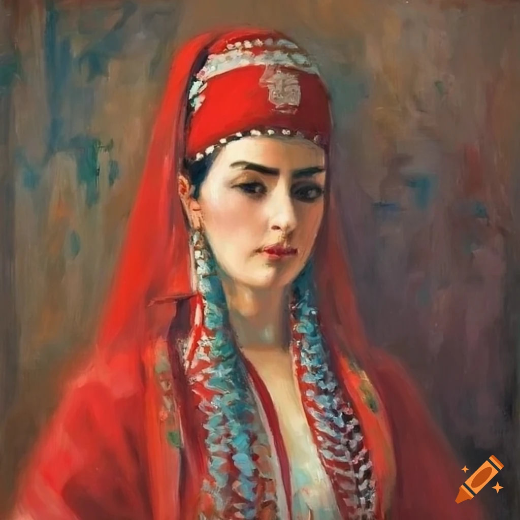 Woman in traditional Turkish attire with an impressionist style in red ...