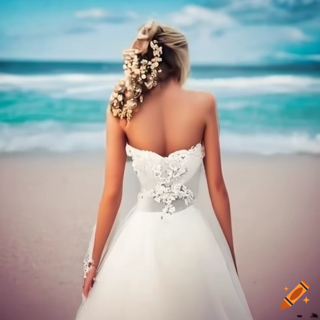 Blonde bride on a beach seen from behind on Craiyon