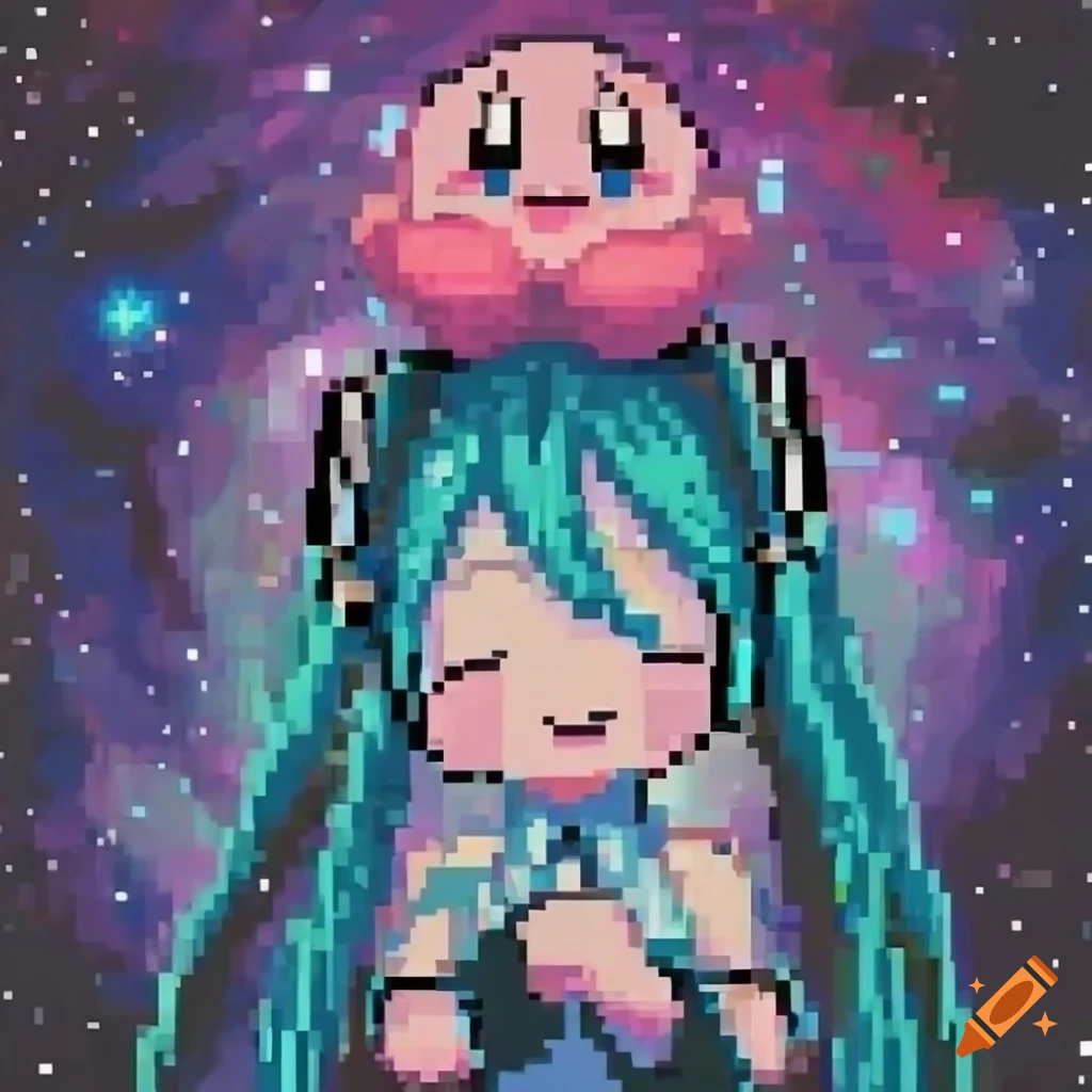 Pixelart oil painting of miku hatsune hugging kirby in space on Craiyon