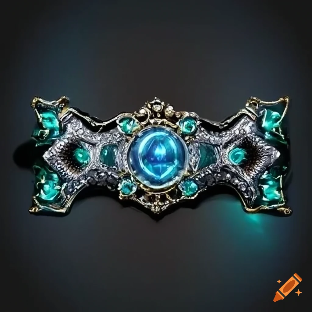 Adorned magic shiny war belt from the front view on Craiyon