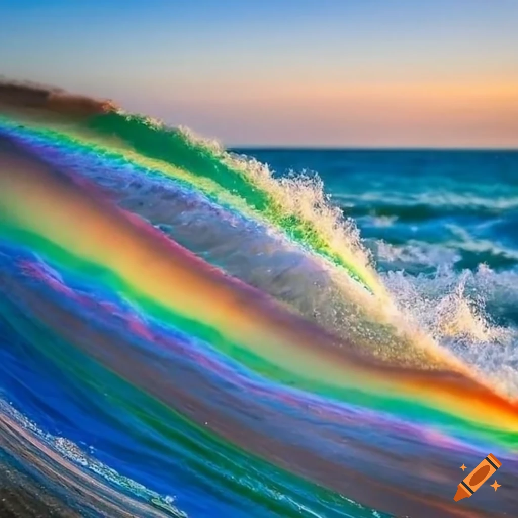 Colorful rainbow-like wave in the sea with white sand and soft lighting ...
