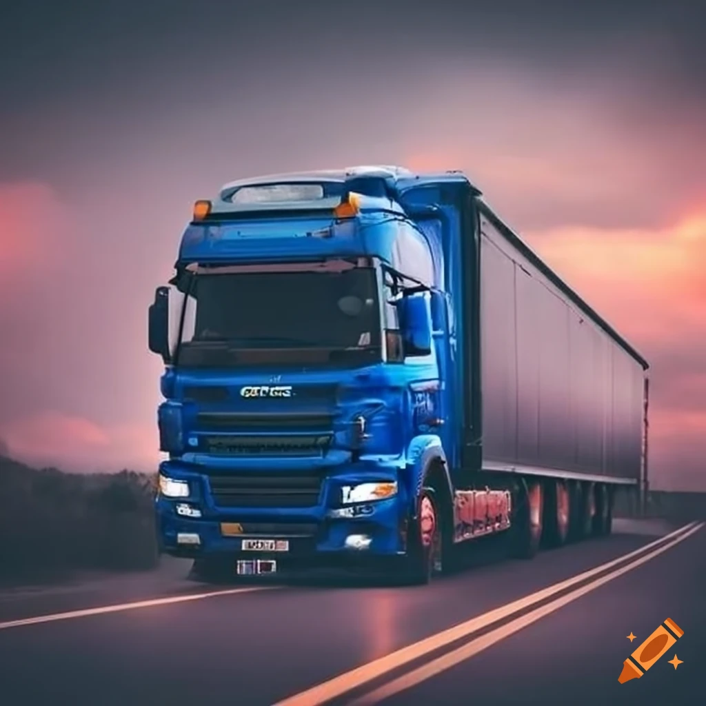 Dramatic navy blue lorry cab on the road on Craiyon