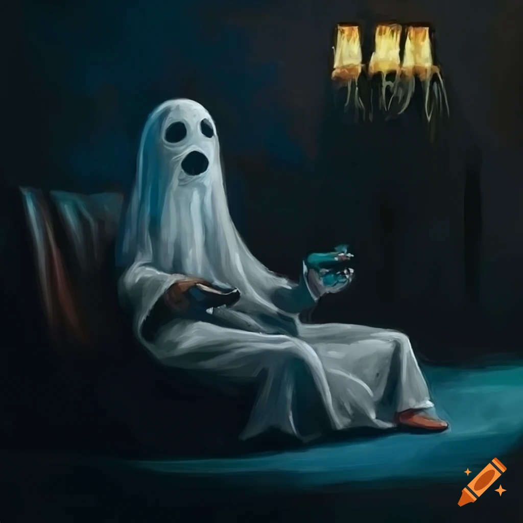 Ghost sitting on a couch with a remote control in a detailed painting ...