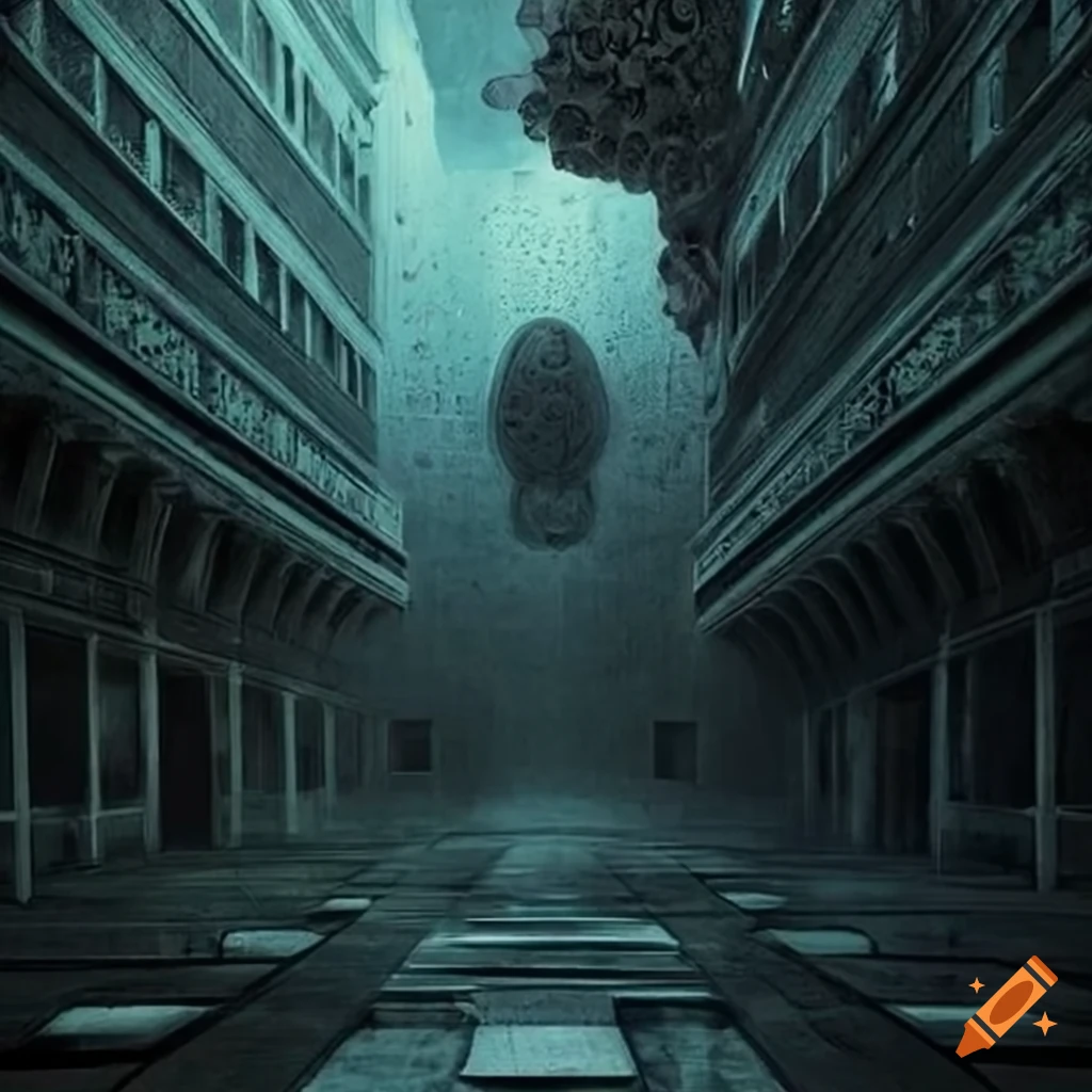 Intricate hyper-realistic ultra-modern dead-mall hospital airport with ...