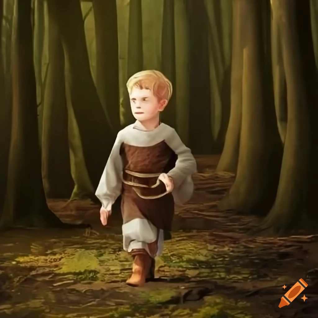 Boy in medieval clothes running through the forest on Craiyon