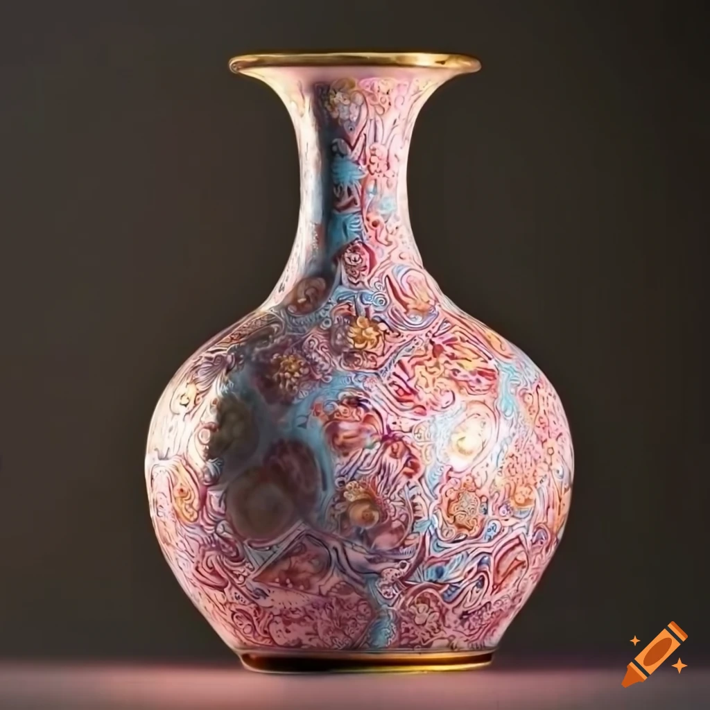 Antique chinese vase with mandala patterns in pink, blue, and gold on ...