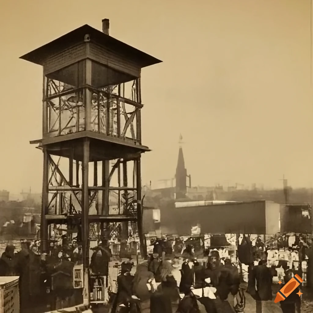 1910s street photo with military watchtower overlooking European city ...