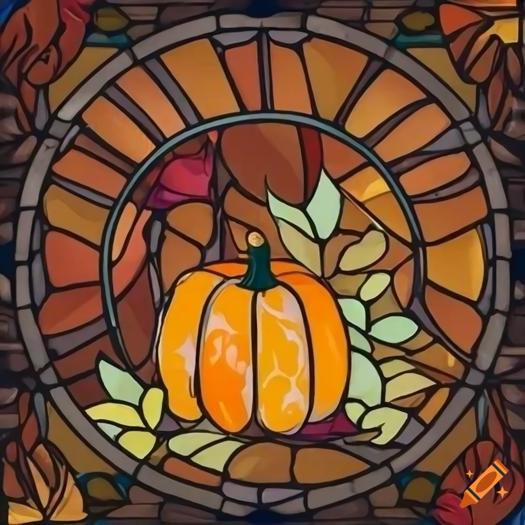Autumn stained glass with pumpkins and leaves on Craiyon