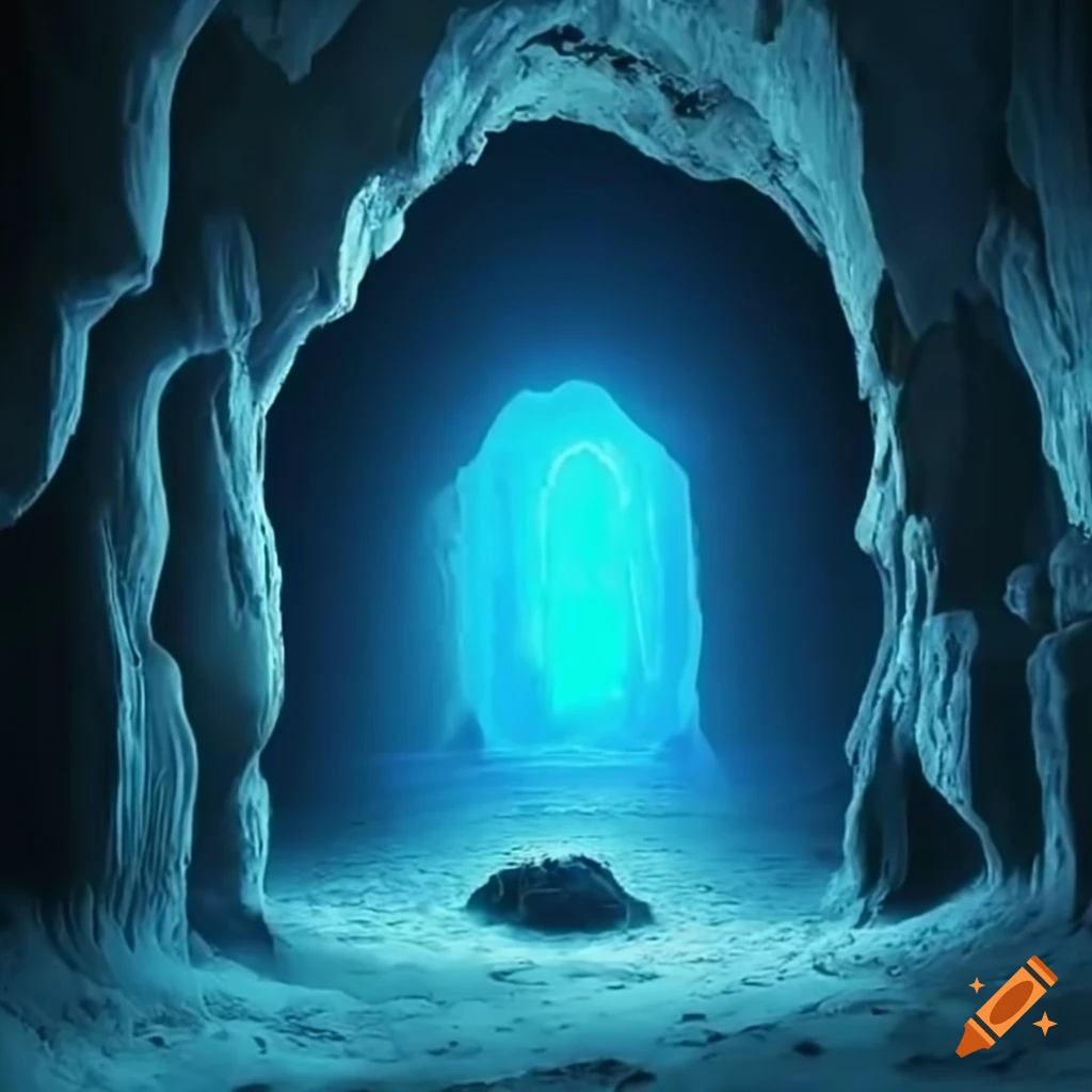 Glowing blue portal inside a cave on Craiyon