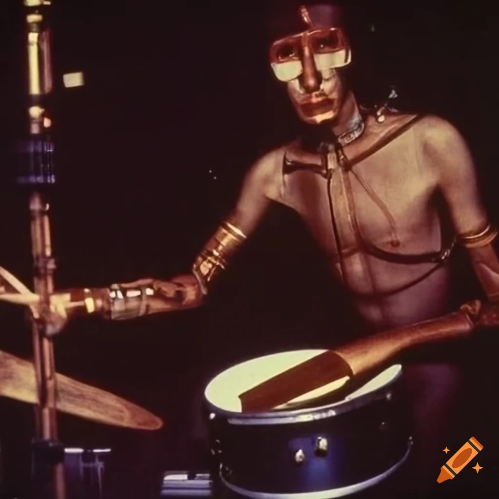 Futuristic biomechanical androids playing percussion instruments in a ...