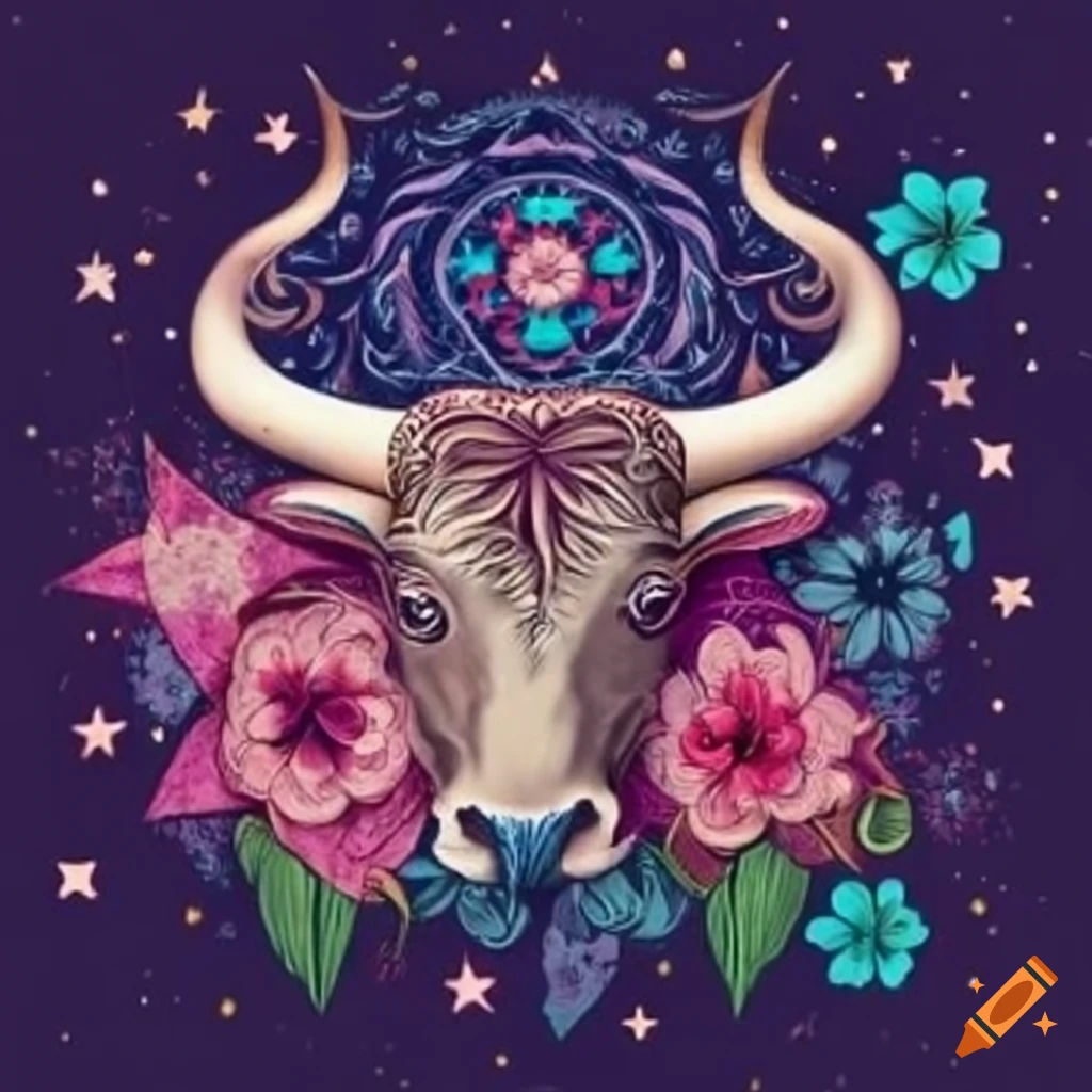 Vintage ox art with swirling stars and floral patterns on Craiyon