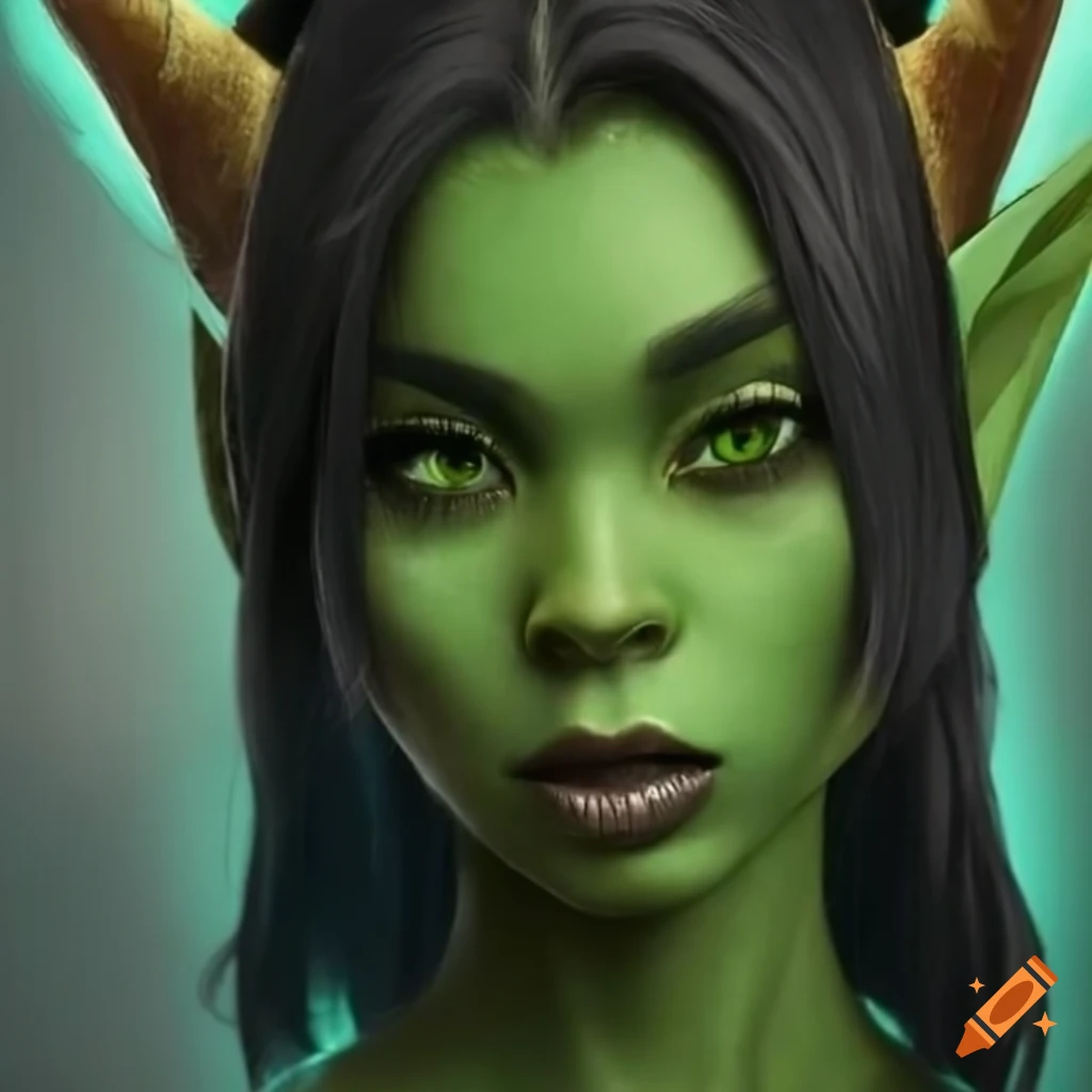 Young green-skinned female goblin with bangs and green eyes on Craiyon
