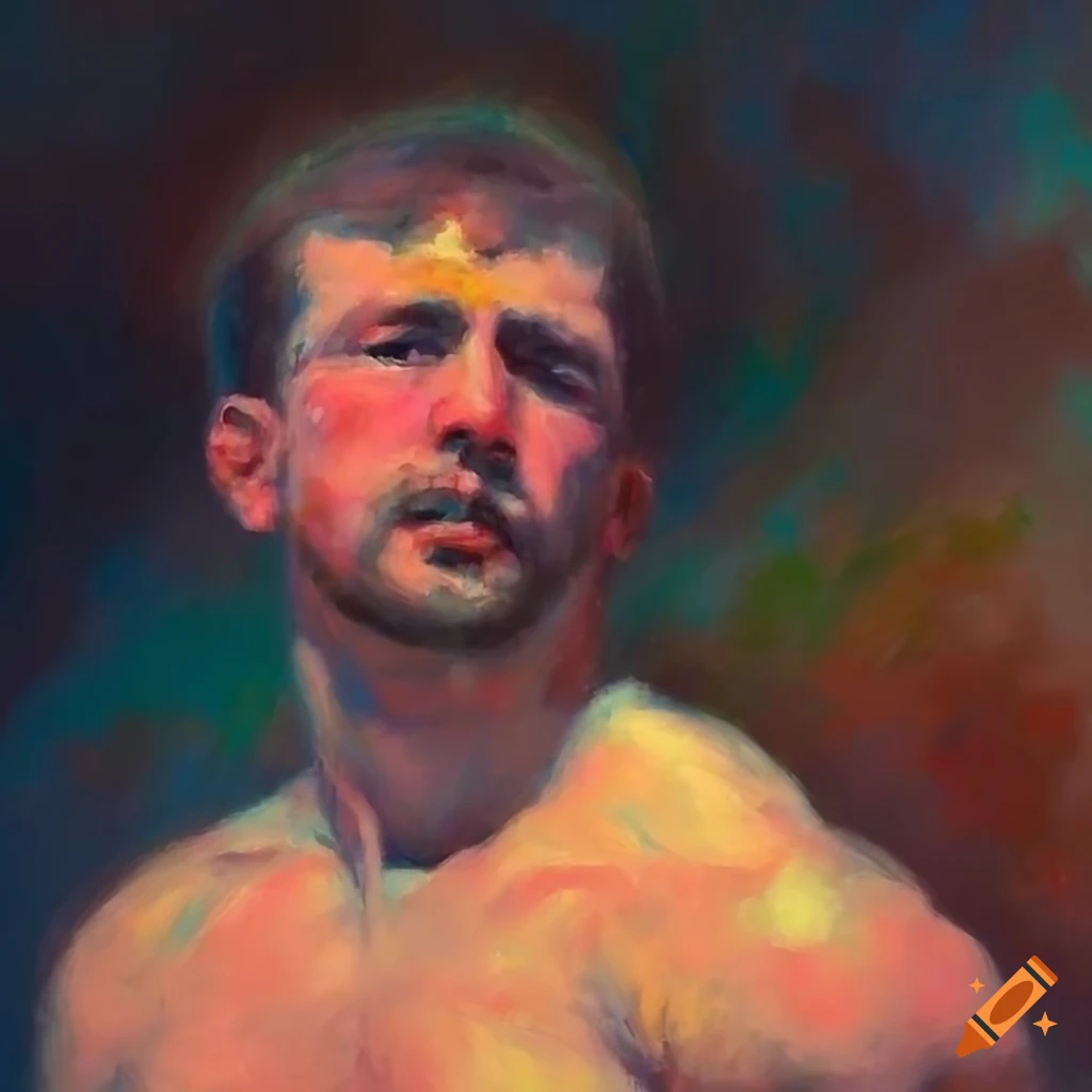 Impressionist painting of two intense European men in a passionate MMA ...