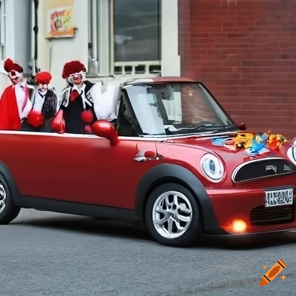 Four guys stuck in a mini car resembling a clown car on Craiyon