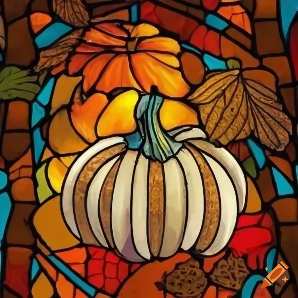 Autumn stained glass with pumpkins and leaves on Craiyon