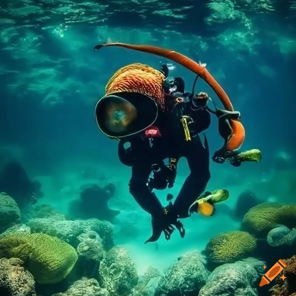 Vintage diver exploring vibrant psychedelic underwater world with giant ...