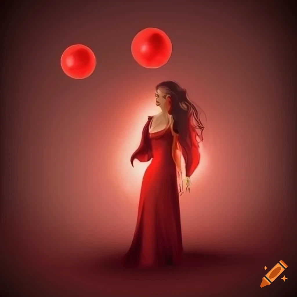 Fantasy illustration of two red orbs in front of a sorceress on Craiyon