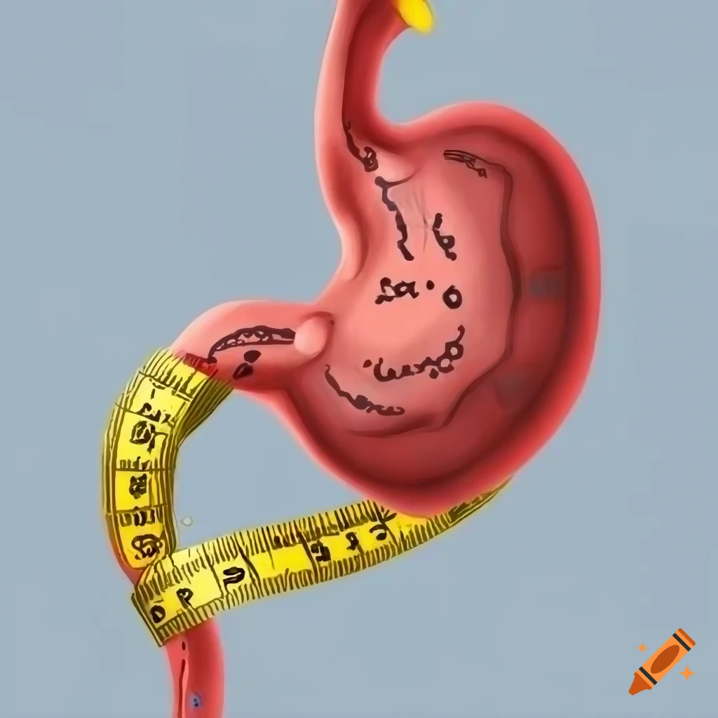 Human stomach organ with tape measure gastric band on white background ...
