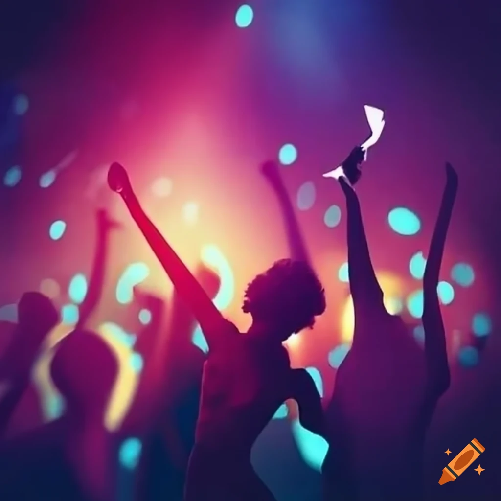 People dancing at a party with music notes around on Craiyon