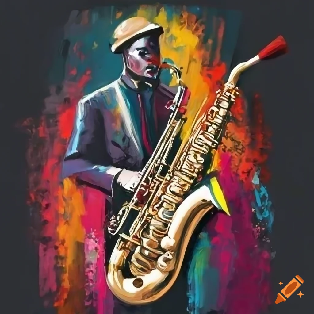 Jazz artist painting a saxophone with natural and moderate colors on ...