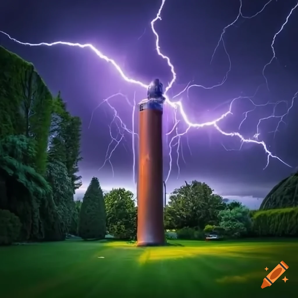 Tesla coil in a garden with lightning bolts on Craiyon