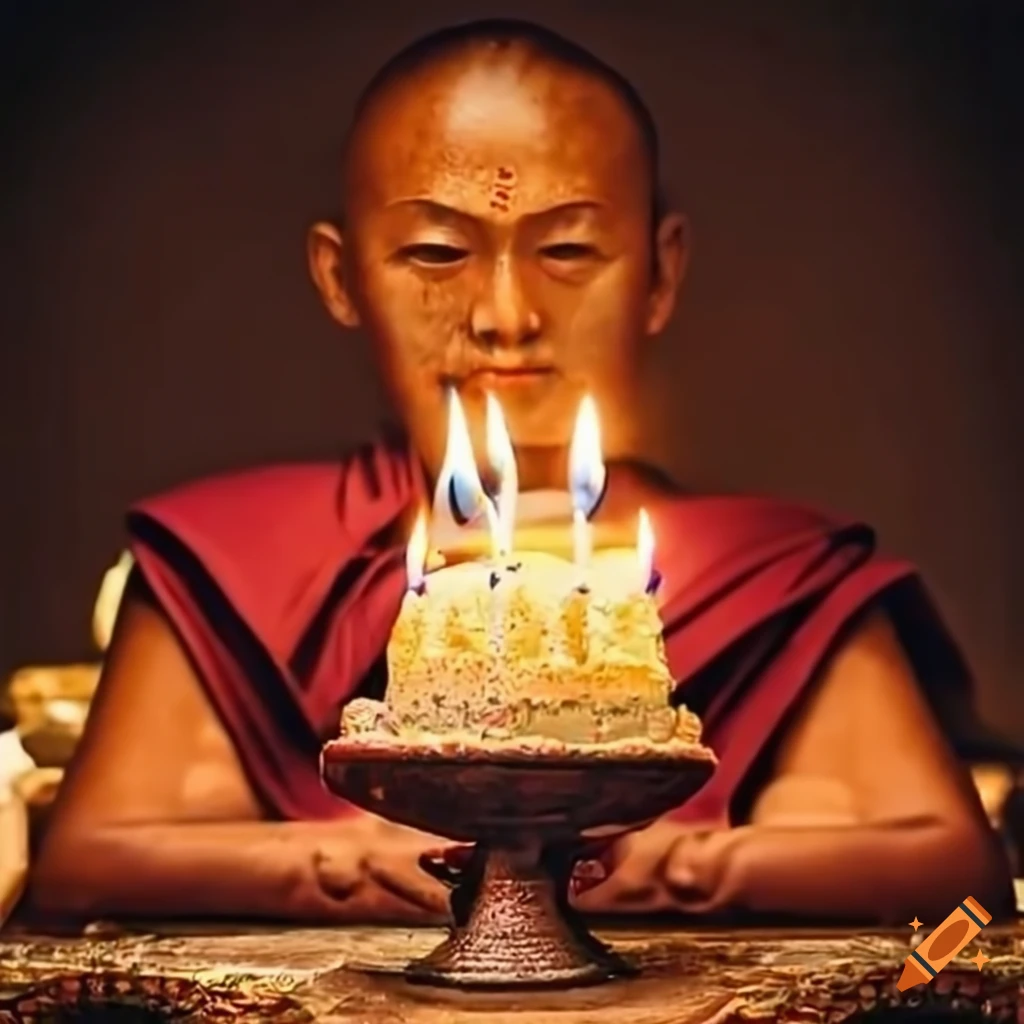 Buddhist monks celebrating with a birthday cake and 74 lit candles on ...
