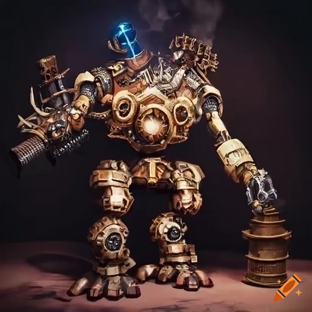 Steampunk and magic mech with shoulder cannon and magic crystals on Craiyon