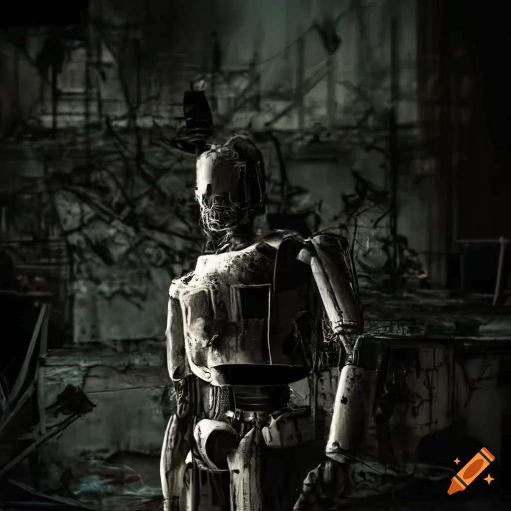 Old broken robot with ivy in apocalyptic city setting on Craiyon