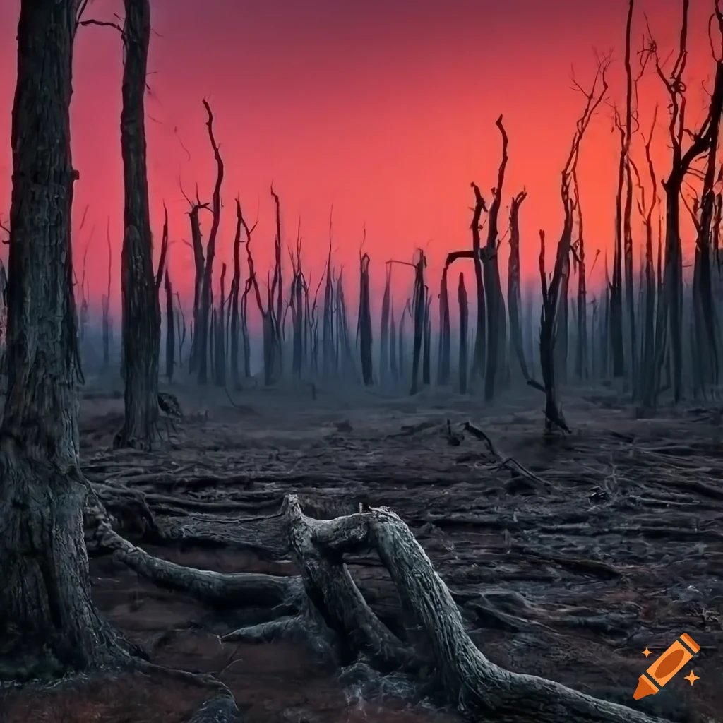 Desolate charred forest with black trees under a red sky on Craiyon