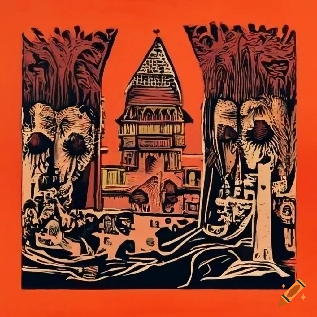 Italian folk horror scene in a detailed linocut style on Craiyon