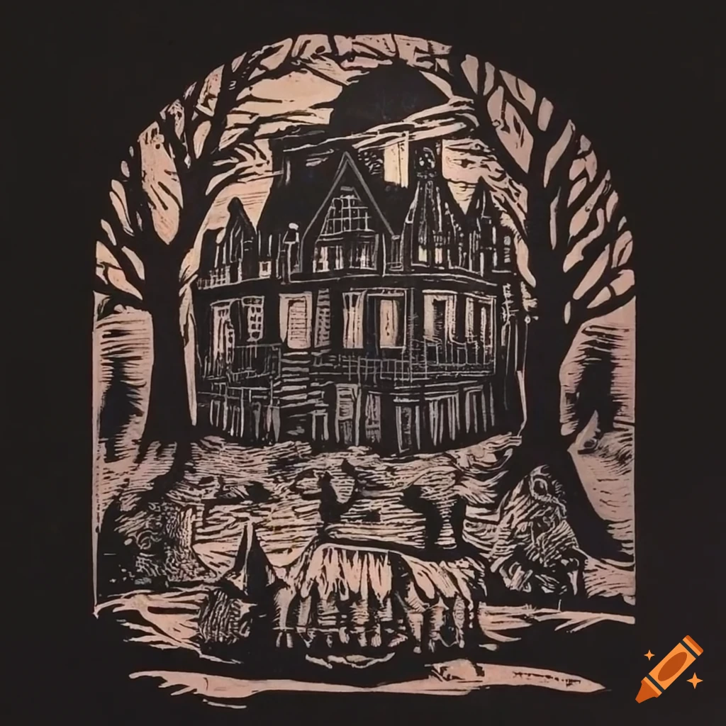 Detailed british folk horror scene linocut on Craiyon