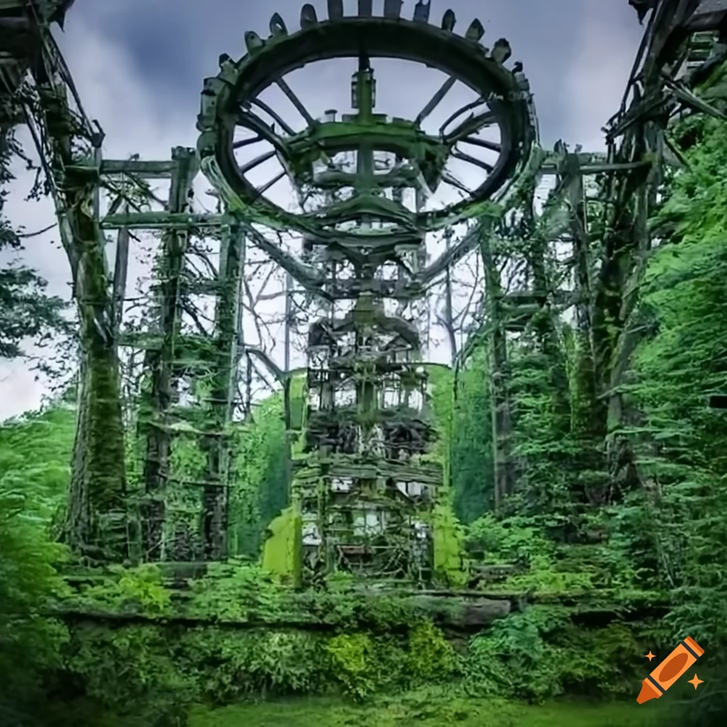 Duga-3 structure overgrown with greenery on Craiyon