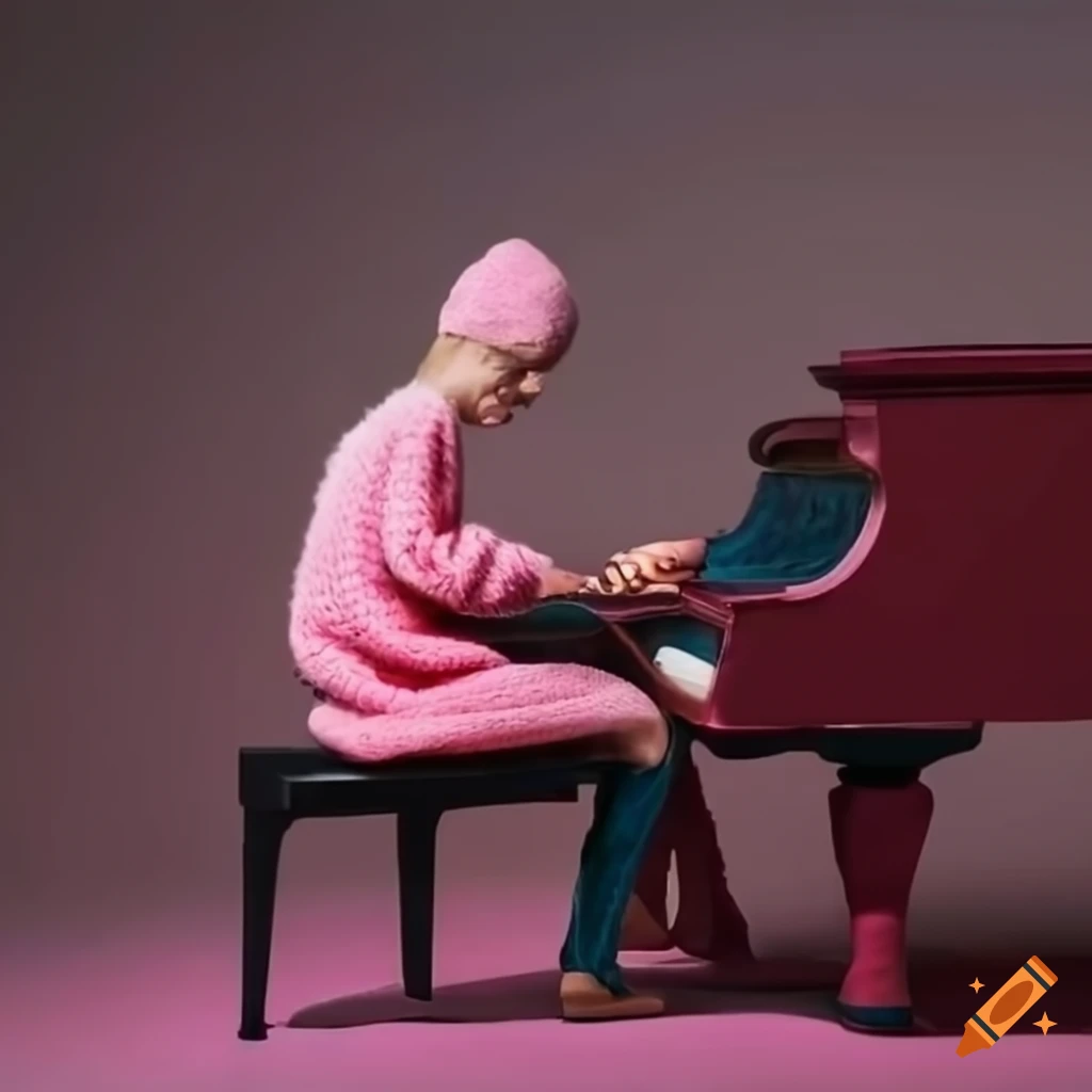 Colorful alien in a pink sweater playing piano with feet on Craiyon
