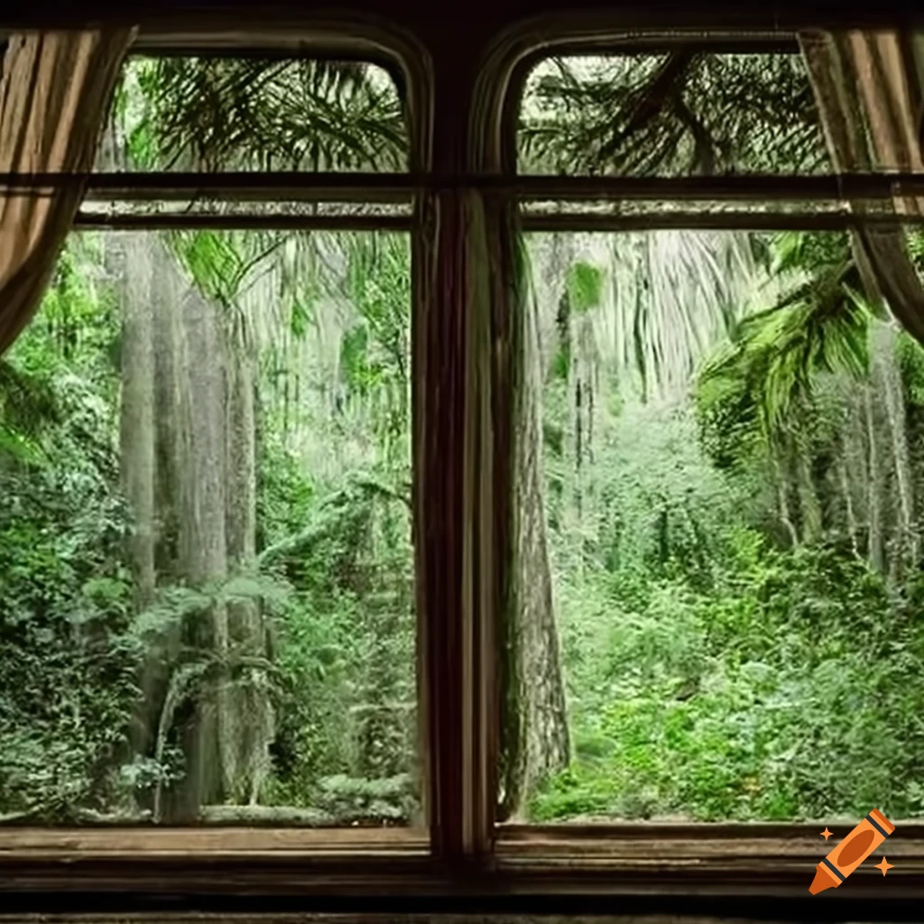 Dreamscape of jungle and sea through open window on Craiyon