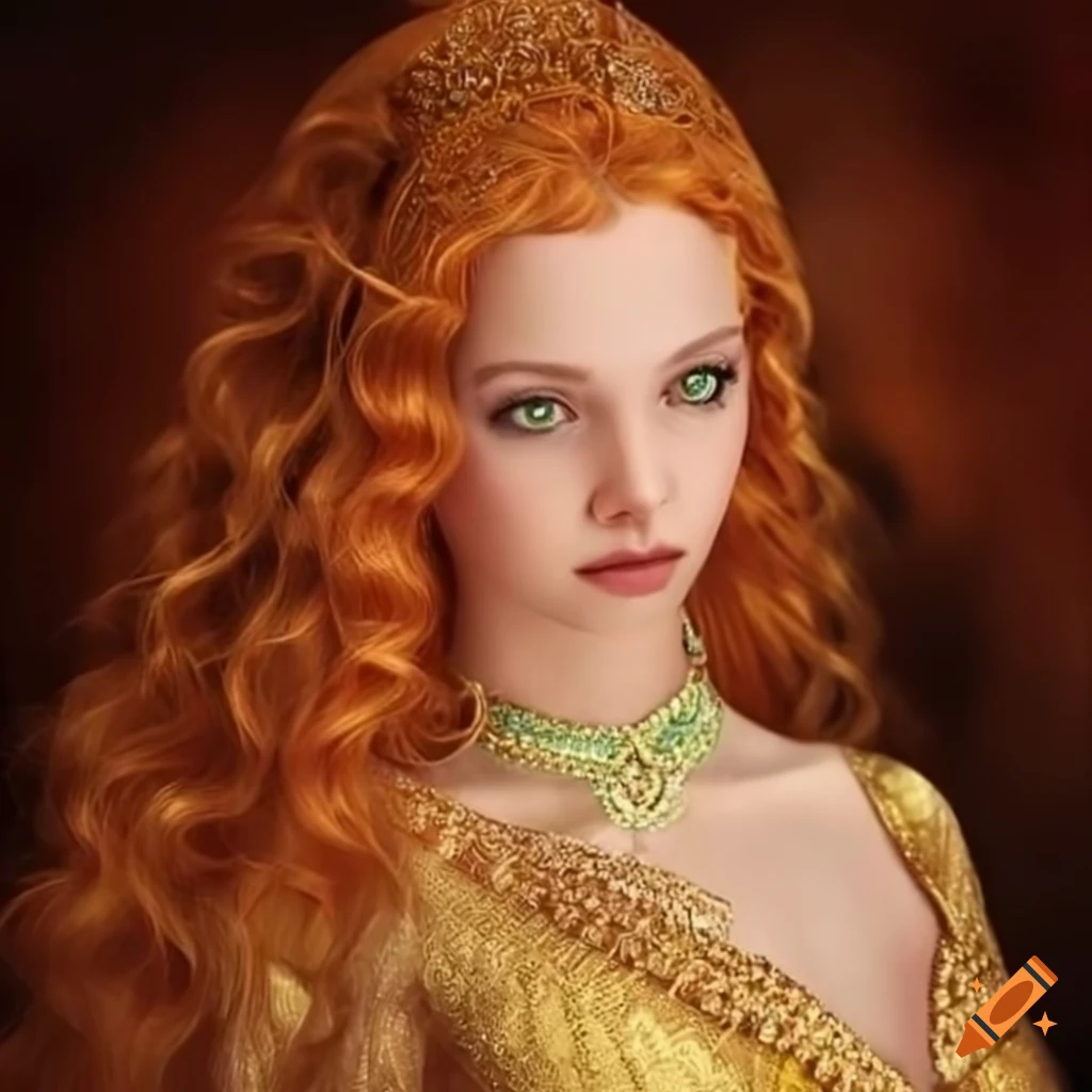 Stunning red-haired princess in golden attire with mesmerizing green ...