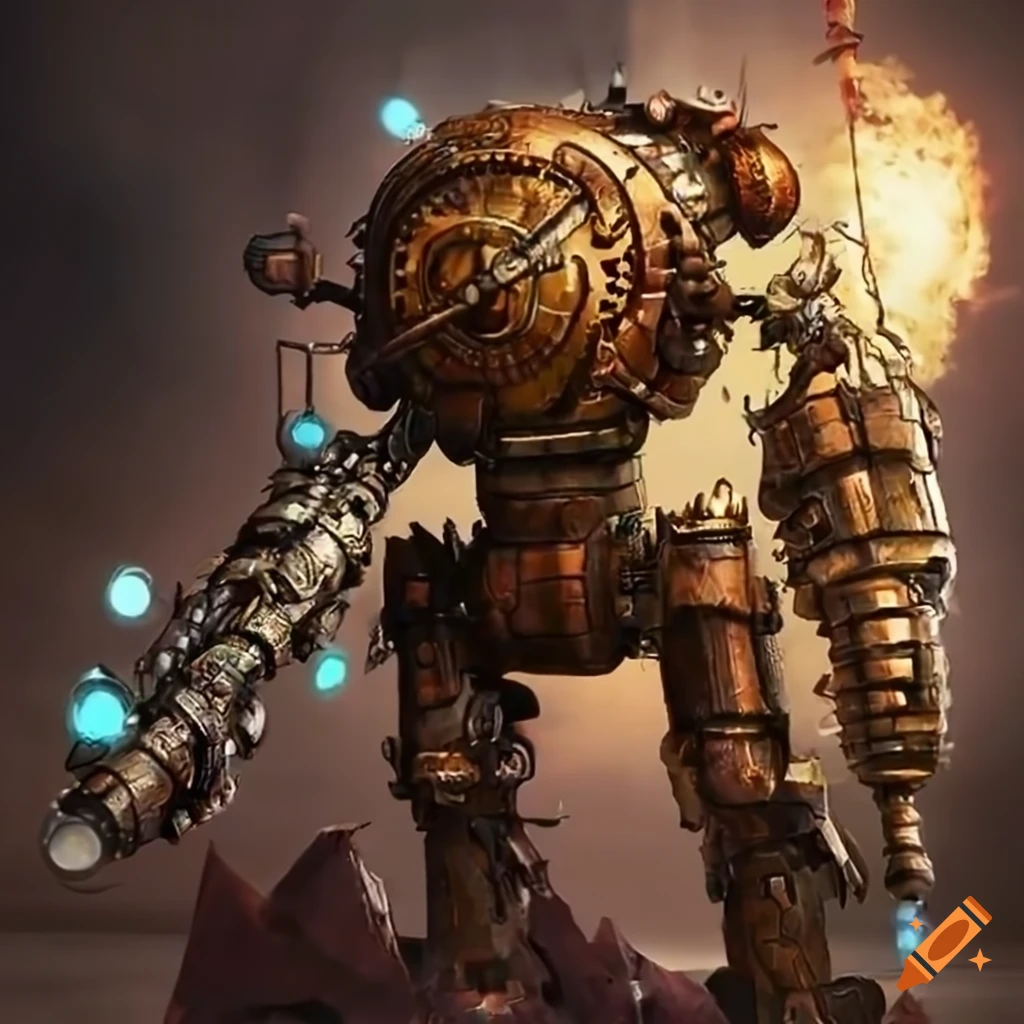 Steampunk and magic mech with a shoulder cannon, magic crystals, and ...