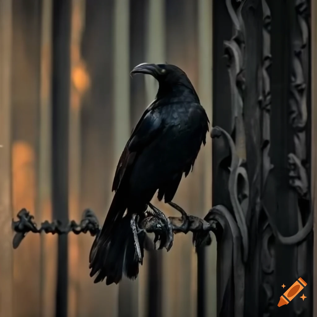 Ominous raven with red eyes on a gothic metal fence on Craiyon