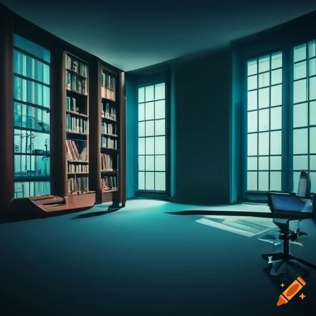 Room with windows, developer's office, and library on Craiyon