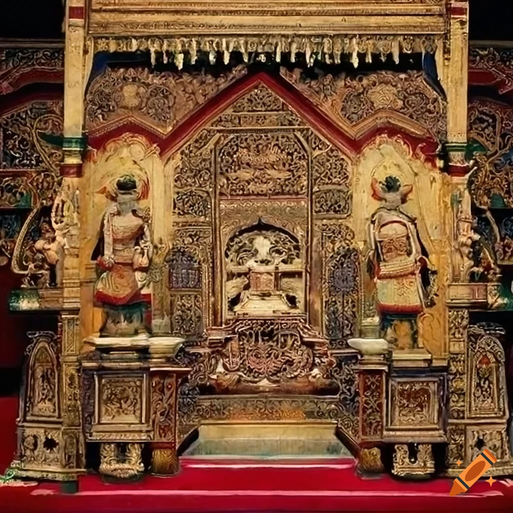 Opulent Indian medieval throne room with intricate murals and a ...