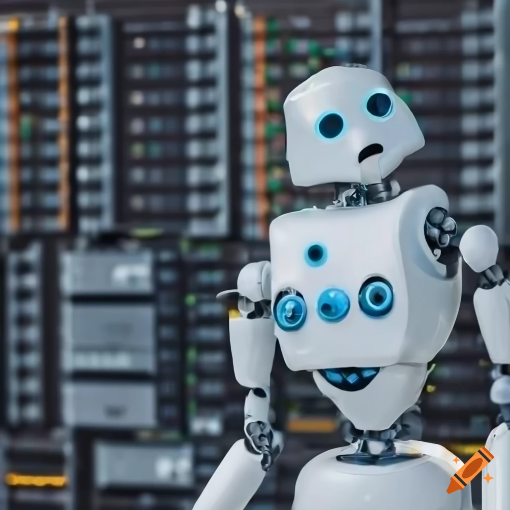 Sad robot with multitasking blurred arms in a classic datacenter setting on Craiyon
