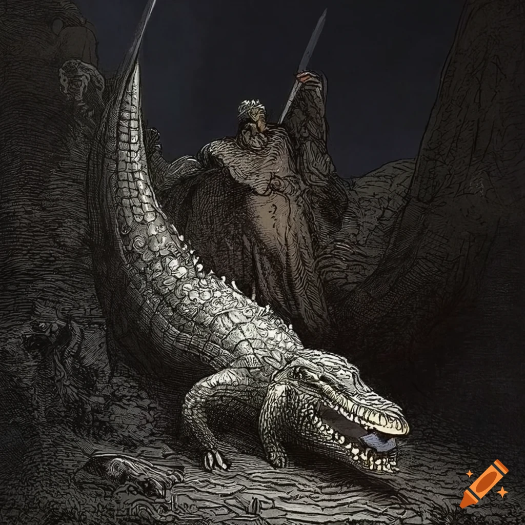 Humanoid alligator with a sword in the snow on a mountain like Gustave ...