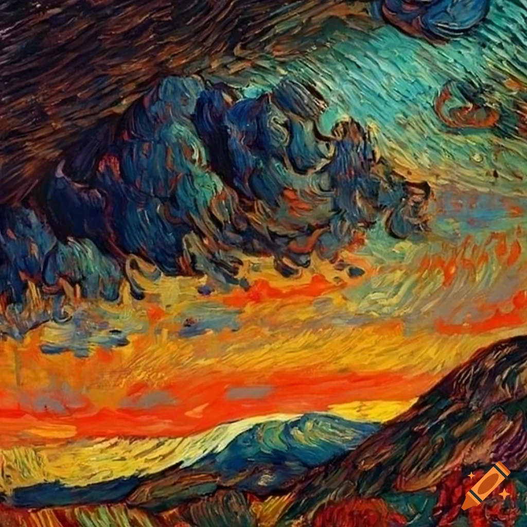 Rolling hills with dark fiery clouds in a Vincent van Gogh style on Craiyon